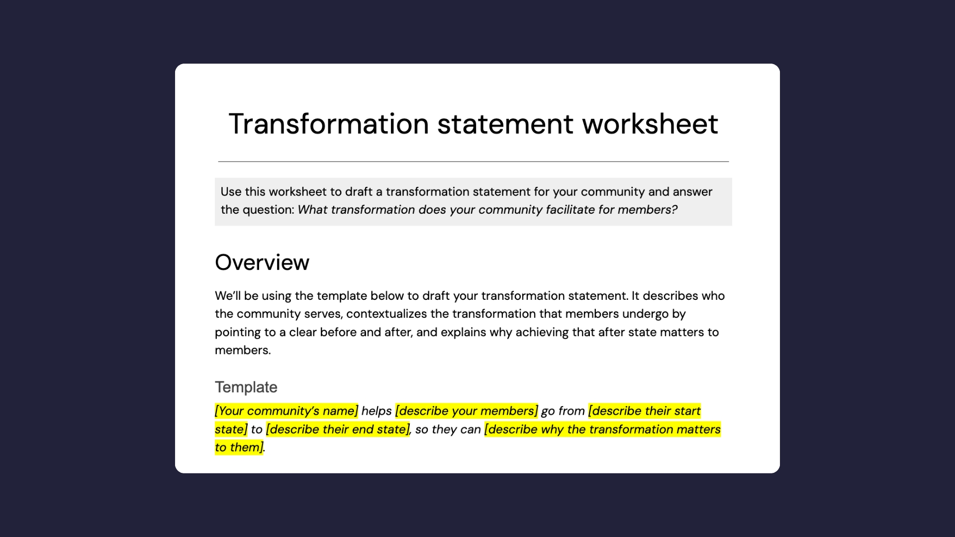 Transformation statement worksheet | Circle Academy