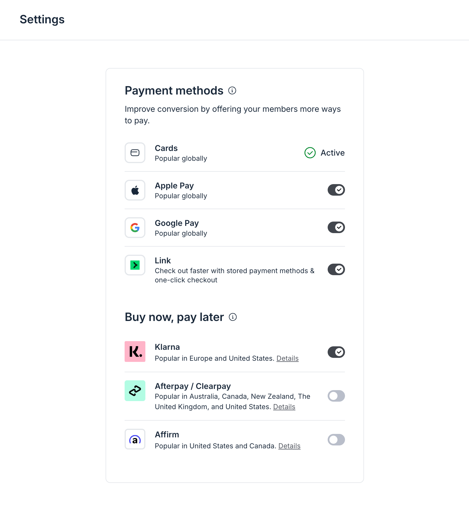 Offer members the option to pay with buy now, pay later | Circle Knowledge Base
